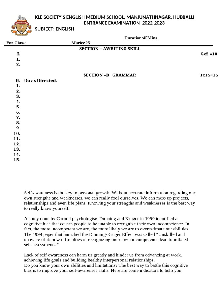 English Entrance Exam Format 2022 | PDF