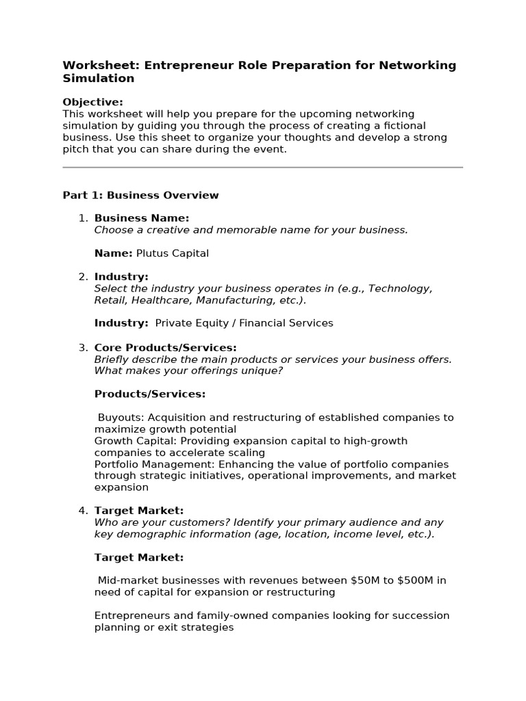 Worksheet Entrepreneur Networking Simulation | PDF