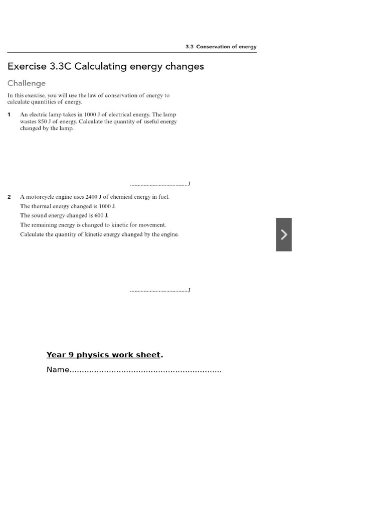 Year 9 Physics Work Sheet.: Name