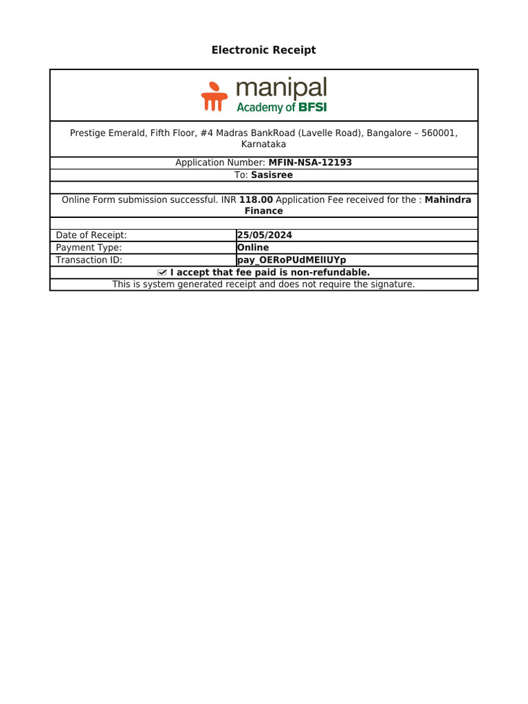 Acknowledgement Receipt MFIN-NSA-12193 | PDF