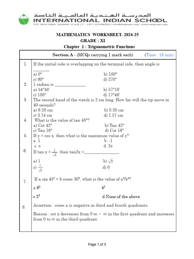Worksheet XI_ Trigonometric Functions | PDF