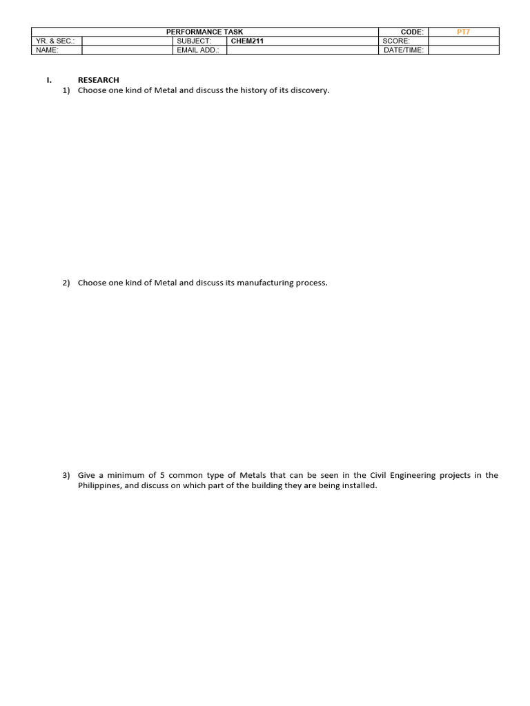 Chem211 - Performance Task 7(Week 8) | PDF