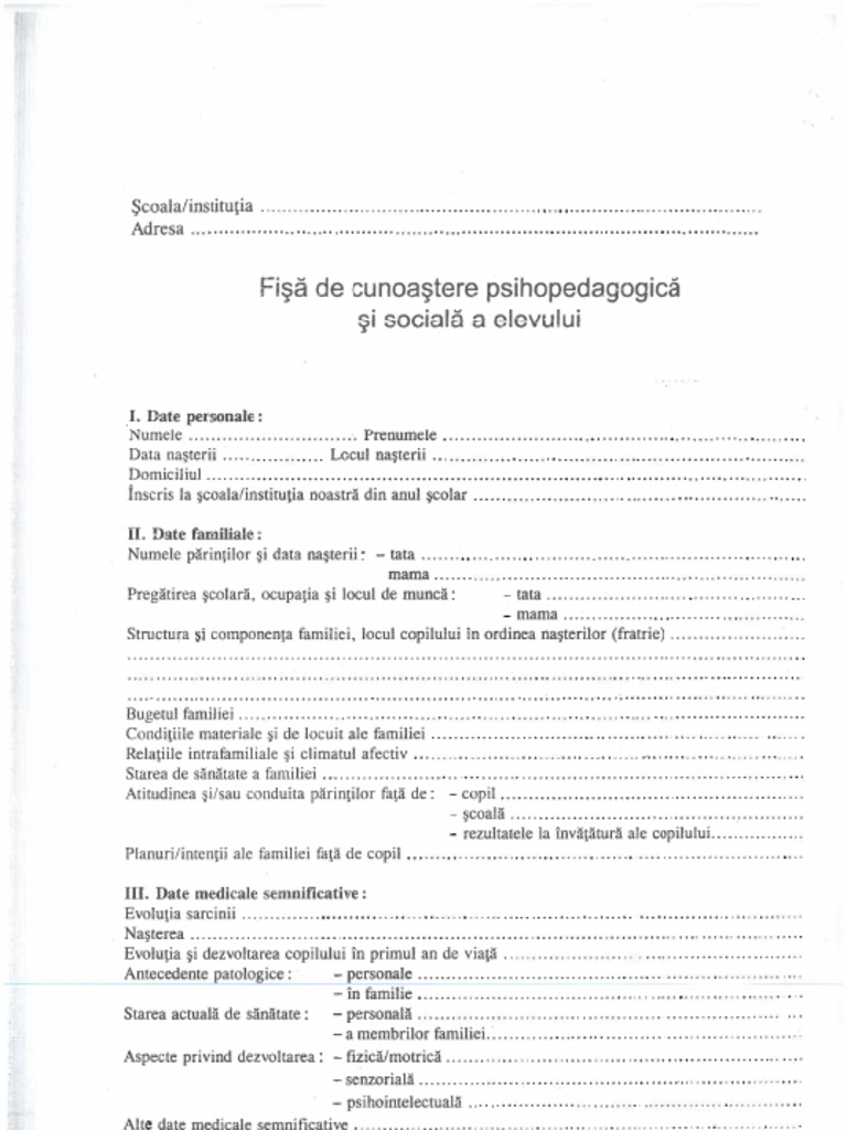 Fisa Pentru Caracterizarea Psihopedagogica Si Sociala A Unui Elev - Model | PDF
