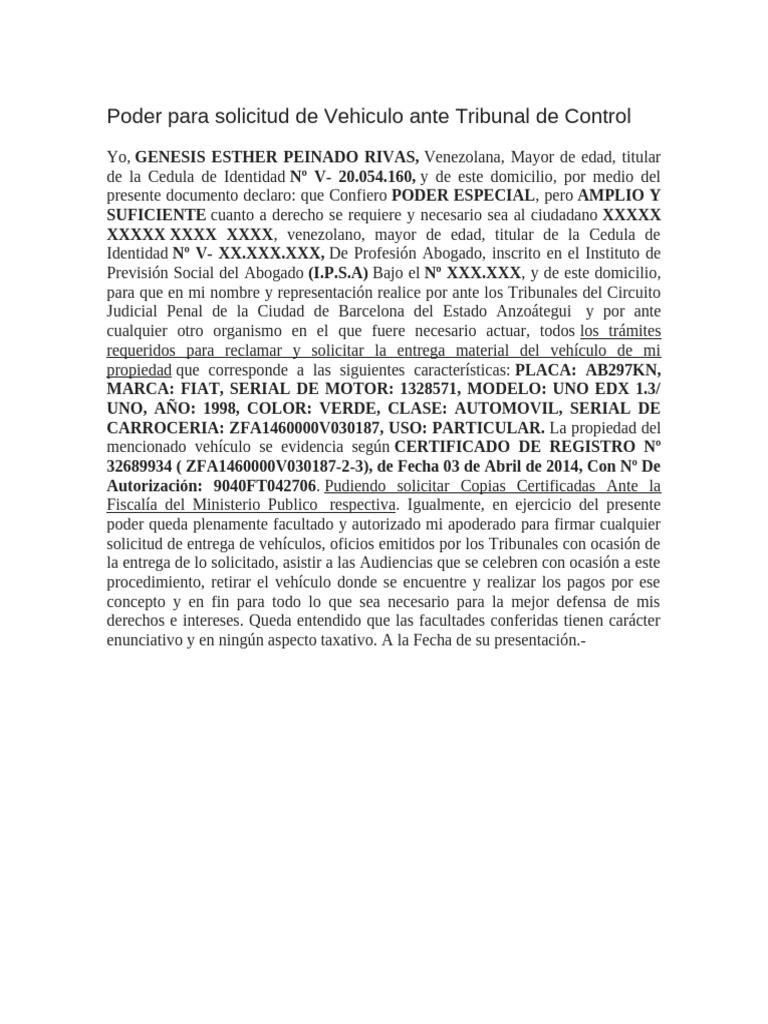 Poder para Solicitud de Vehiculo Ante Tribunal de Control | PDF