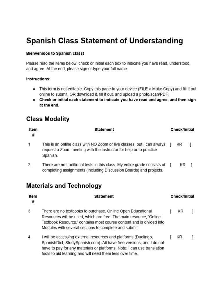 A_Spanish Class Statement of Understanding | PDF