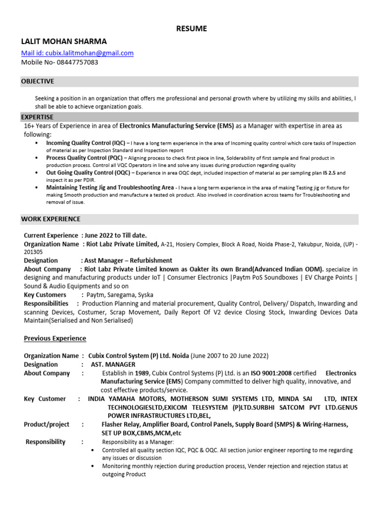 Resume Lalit Mohan Sharma | PDF