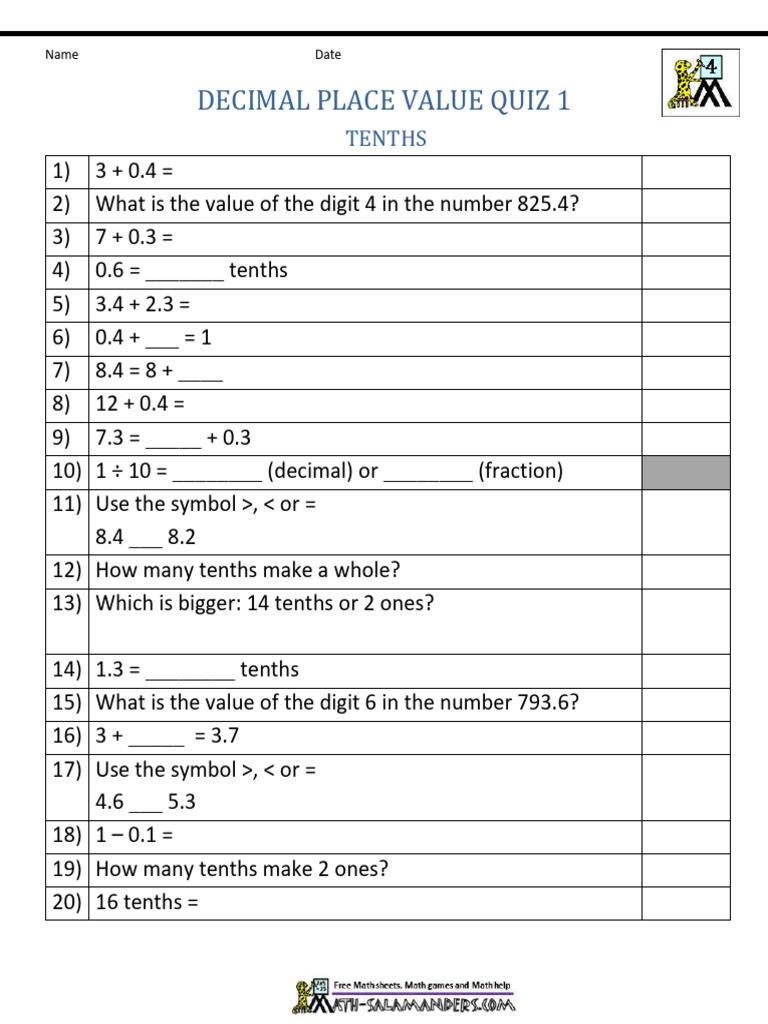 Decimal Place Value Quiz 1 | PDF