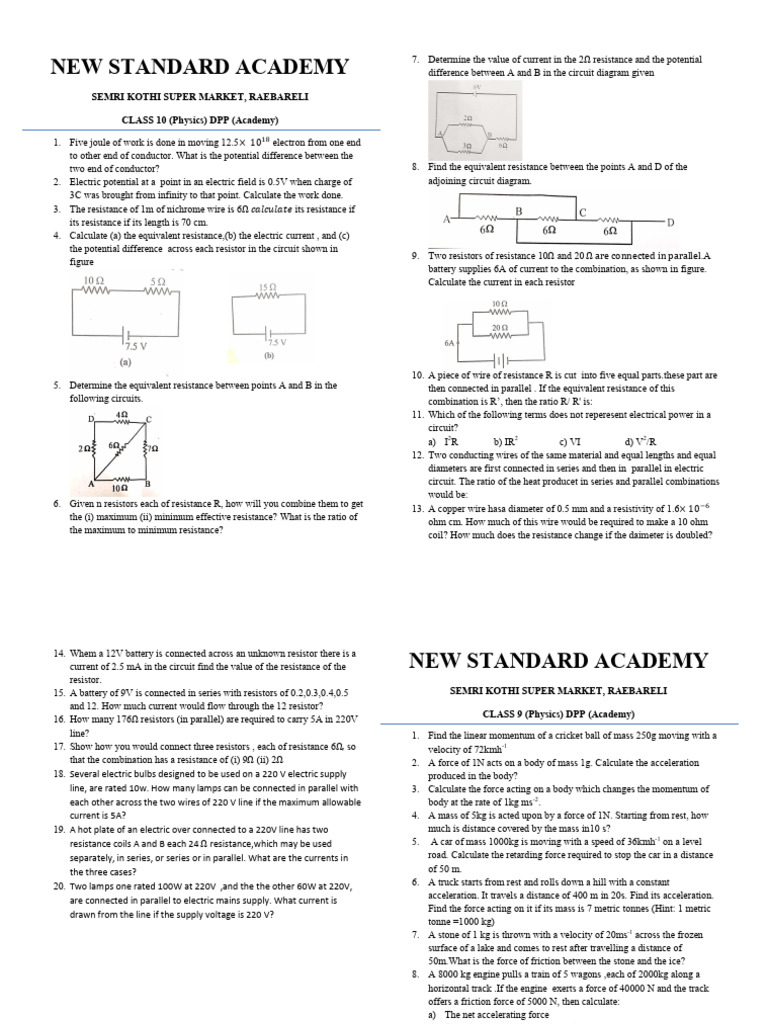 New Standard Academy: Semri Kothi Super Market, Raebareli CLASS 10 (Physics) DPP (Academy) | PDF