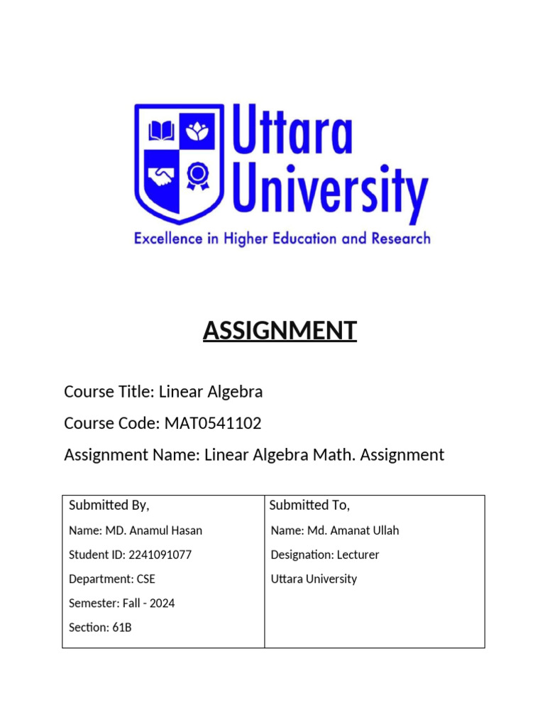 ASSIGNMENT Linear Algebra | PDF ASSIGNMENT Linear Algebra | PDF