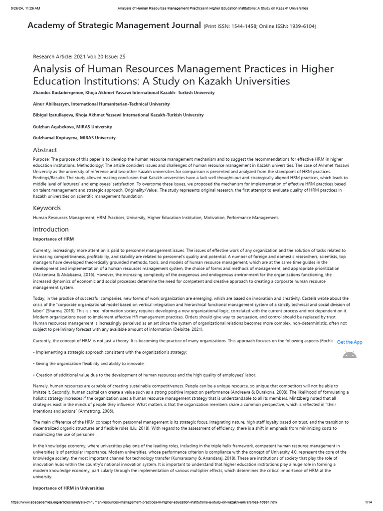 Analysis of Human Resources Management Practices in Higher Education ...
