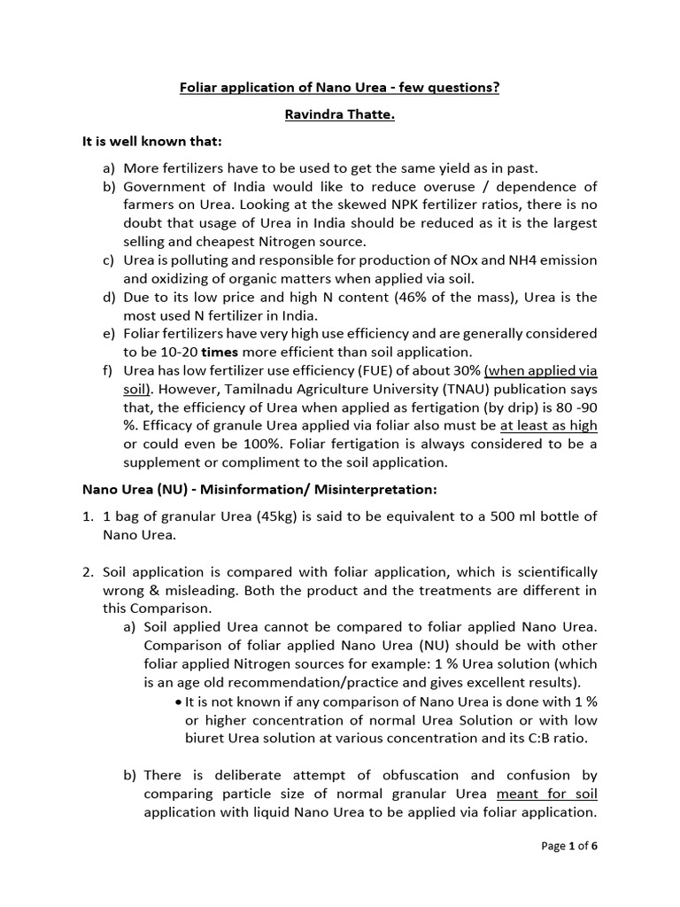 Foliar Application Of Nano Urea Few Questions Pdf