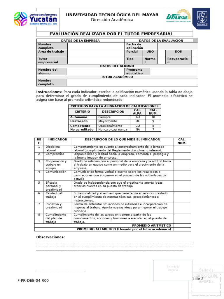 F-PR-DeE-04 Evaluación Realizada Por El Tutor Empresarial | PDF