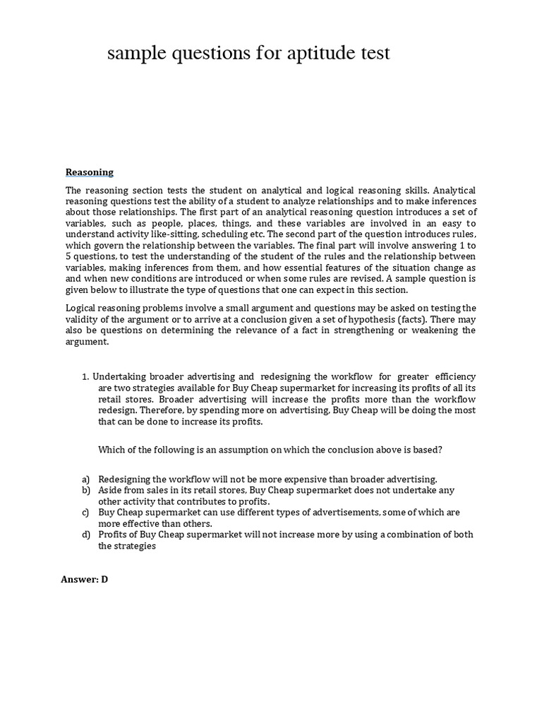 Sample Questions For Aptitude Test | PDF