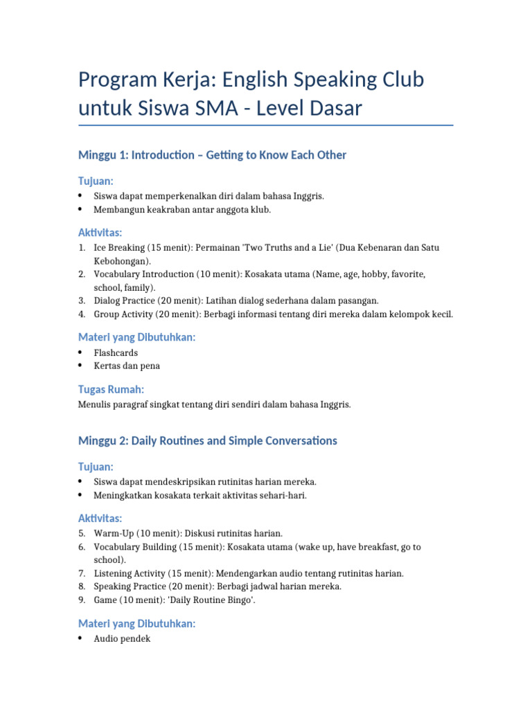 Program Kerja English Speaking Club SMA | PDF