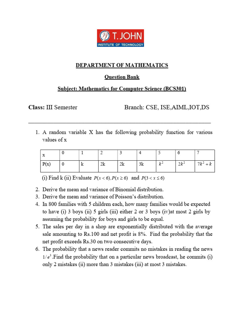 BCS301 - Mathematics For Computer Science - Question Bank I | PDF