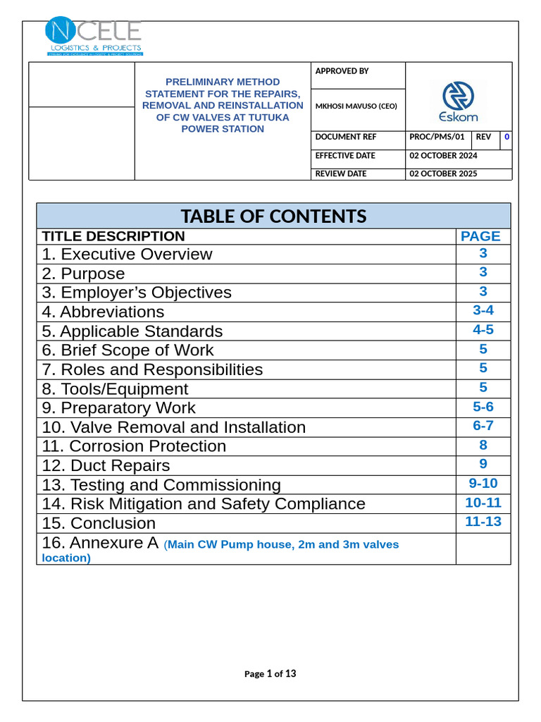 Preliminary Method Statement - Removal, Repair & Installation of Valves | PDF