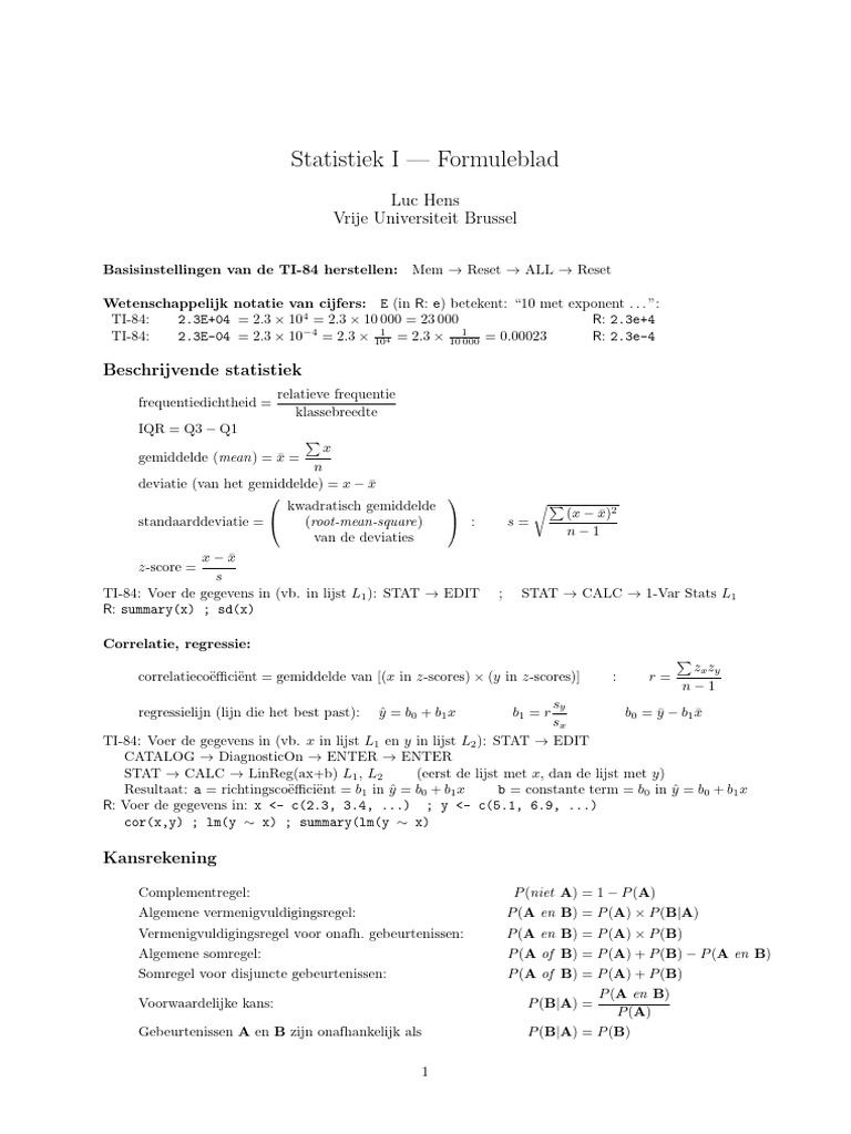 Statistiek I Formuleblad | PDF
