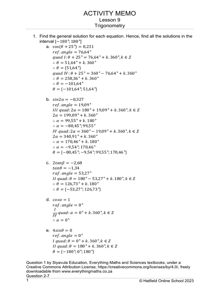 Memo - Activity - Lesson 9 - Trigonometry | PDF