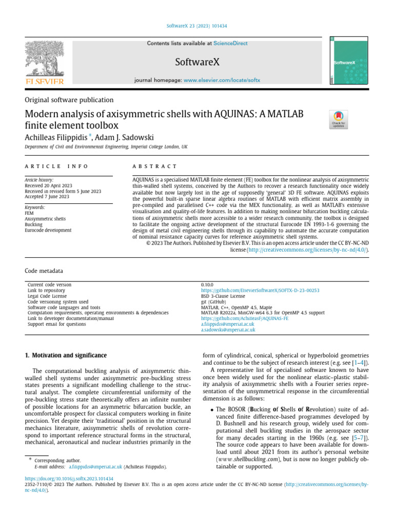 Modern Analysis of Axisymmetric Shells With AQUINAS - A MATLAB Finite ...