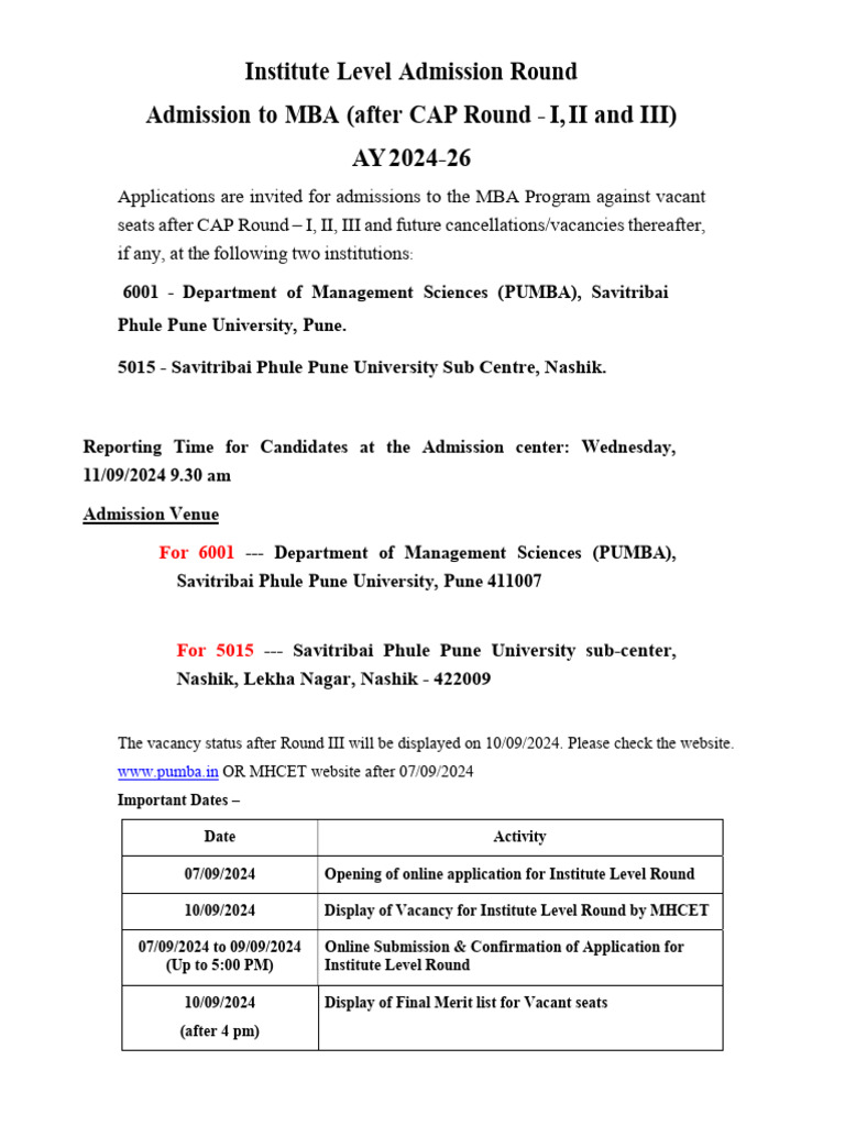 Admission To MBA Institute Level Round AY 2024-26 - 05092024 | PDF