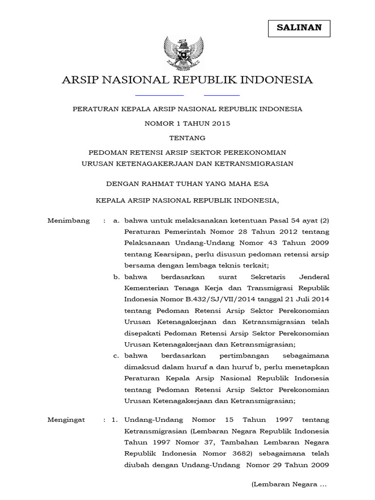 Perka ANRI Nomor 1 Tahun 2015 | PDF