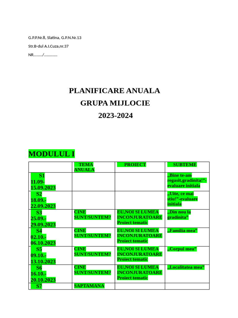 Planificare Anuala Grupa Mijlocie 2023-2024 | PDF