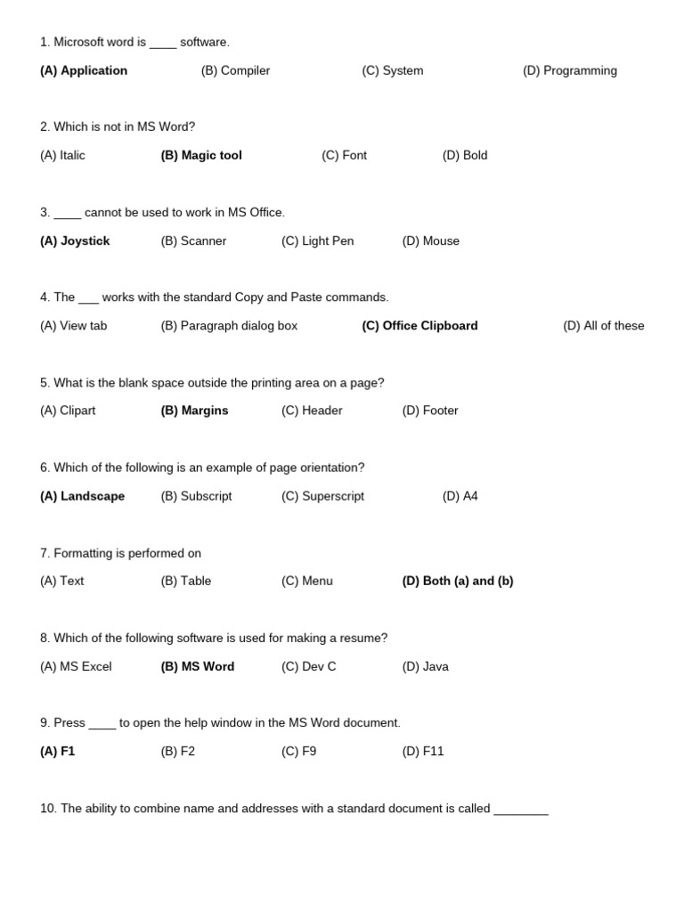 MCQ's On MS Word | PDF | Microsoft Word | Page Layout