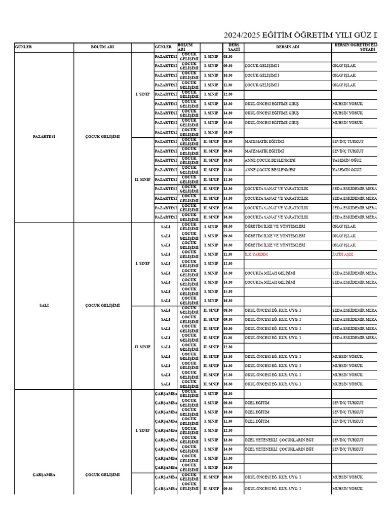 2024/2025 E T MÖ RET M Yili Güz Dönem Ders Programi: LK Yardim FAT HA IK | PDF