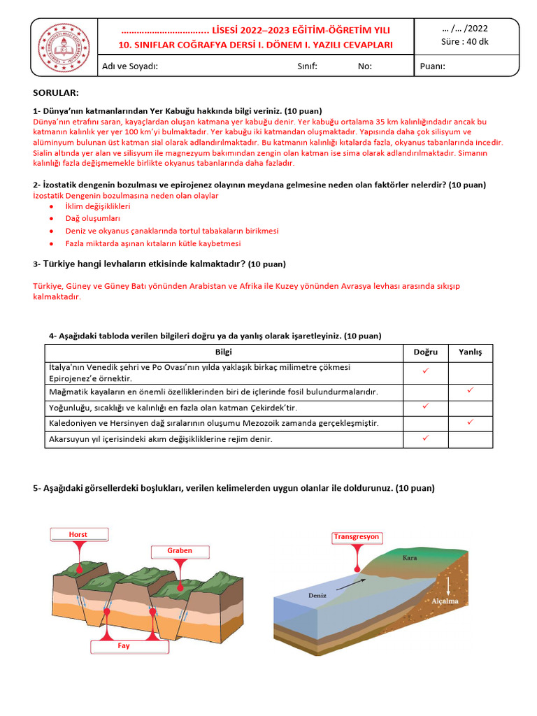 10 Sinif 1 Donem 1 Yazili Cevap Anahtari 2023 | PDF