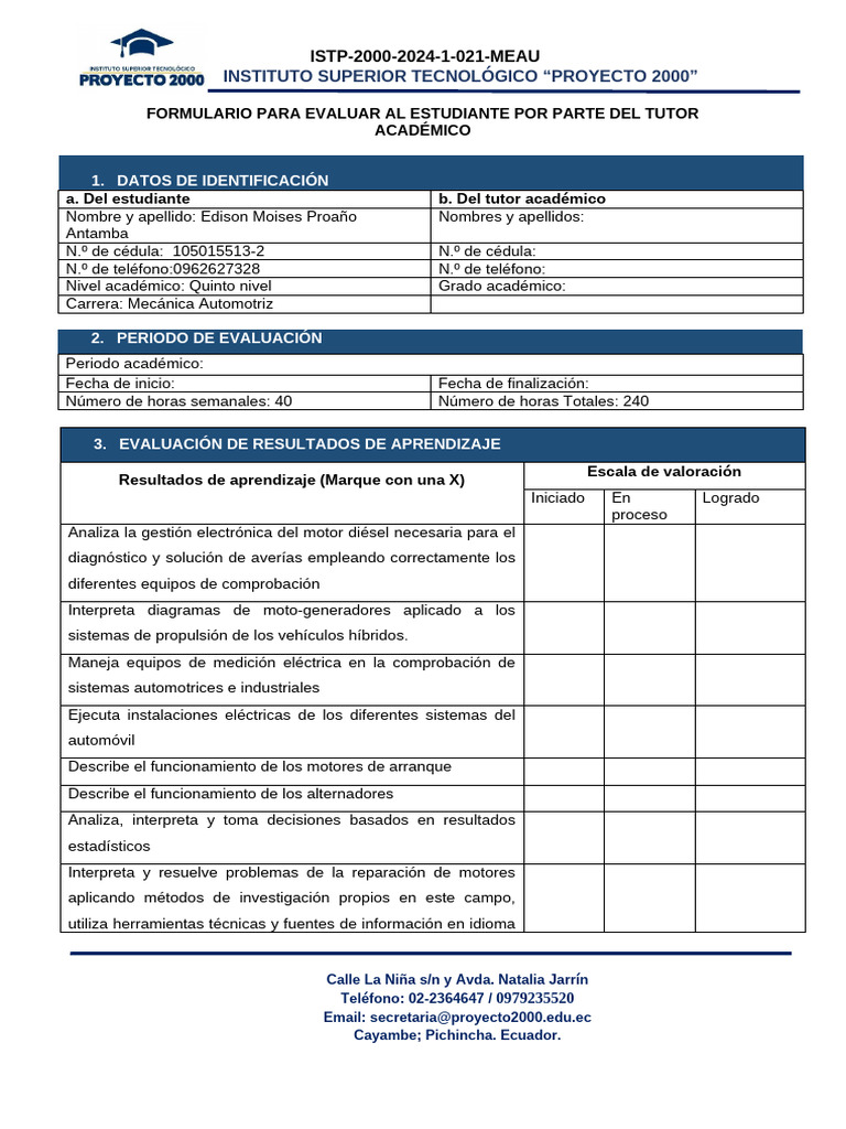 Formulario para Evaluar Al Estudiante Por El Docente Tutor | PDF