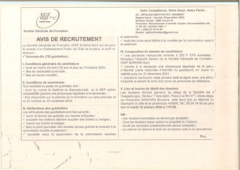 Avis de Recrutement SGF | PDF