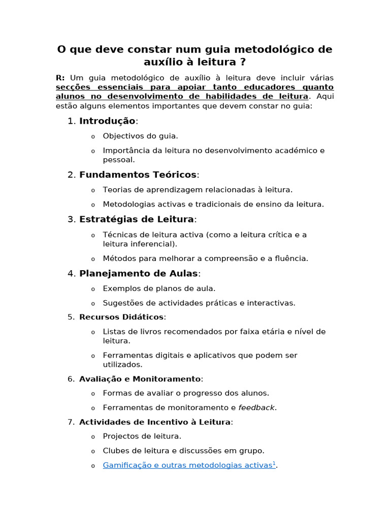 O Que Deve Constar Num Guia Metodológico de Auxílio À Leitura | PDF | Aprendizado | Carreira e ...