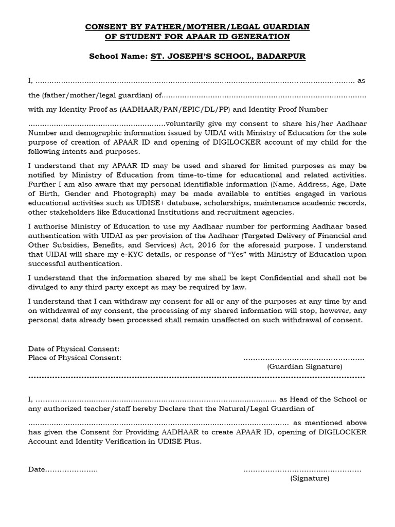Consent Form For Parents To Generate Apaar Id | PDF | Justice | Social ...
