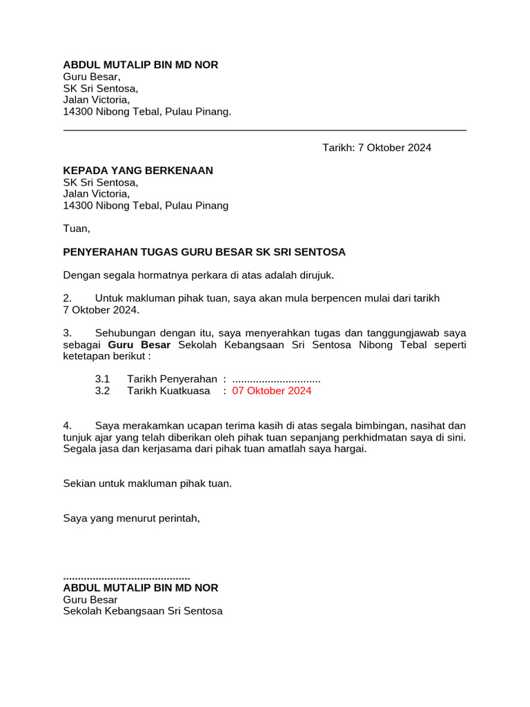 Contoh Nota Serah Tugas | PDF