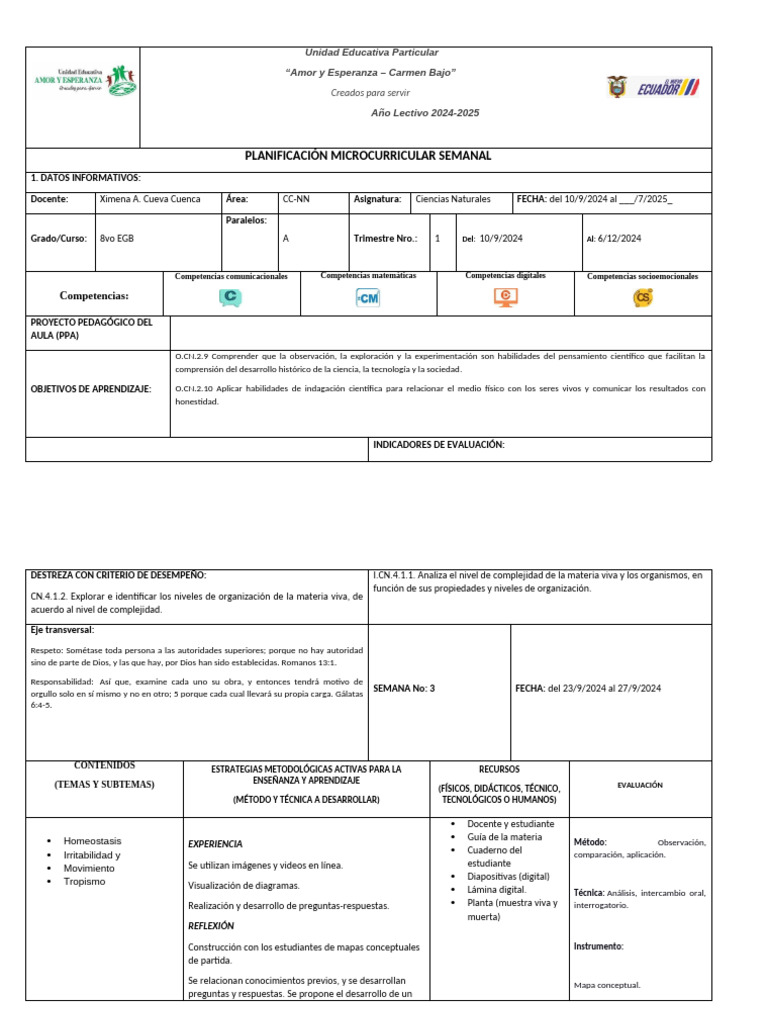 Semana 3 Planificación 8vo EGB CC-NN - 124347 | PDF