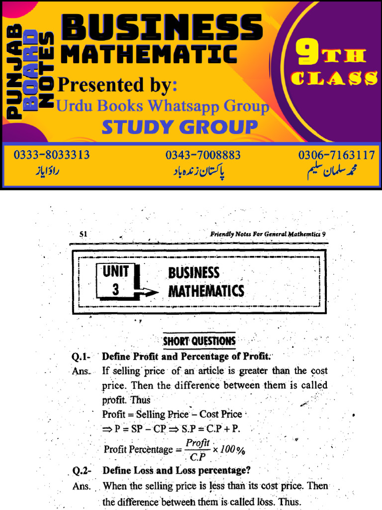 9th Business Mathematics Notes | PDF
