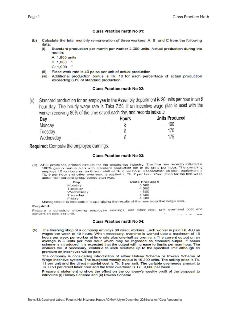 B2 Costing of Labor Class Practice Math | PDF | Finance & Money Management