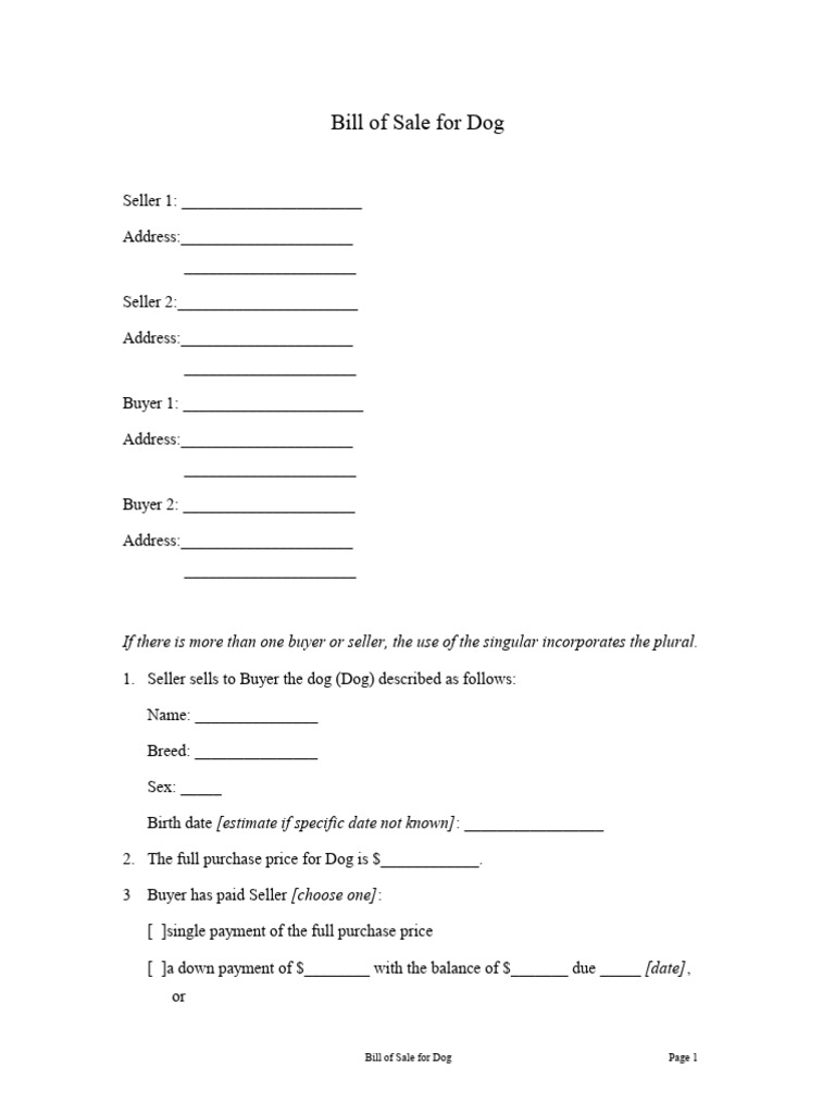 Printable Dog Bill of Sale Template | PDF