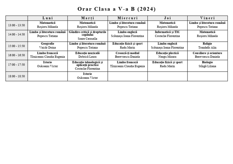 Orar - Clasa A V-A B (2024) | PDF