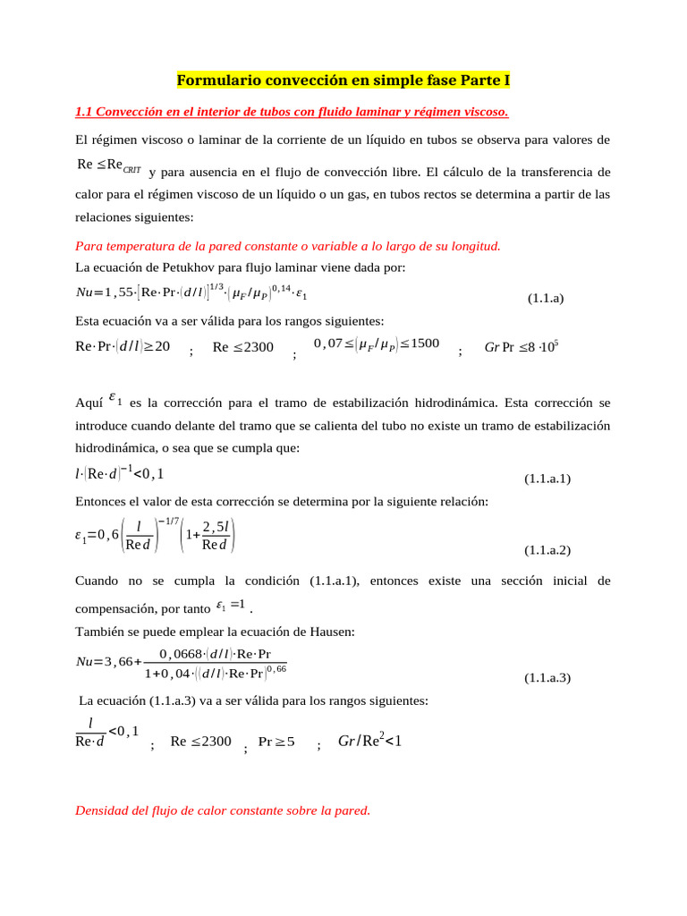 Formulario Conveccion Parte I | PDF
