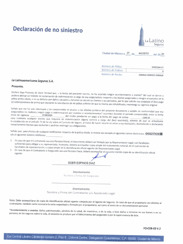 Declaración No Siniestro | PDF