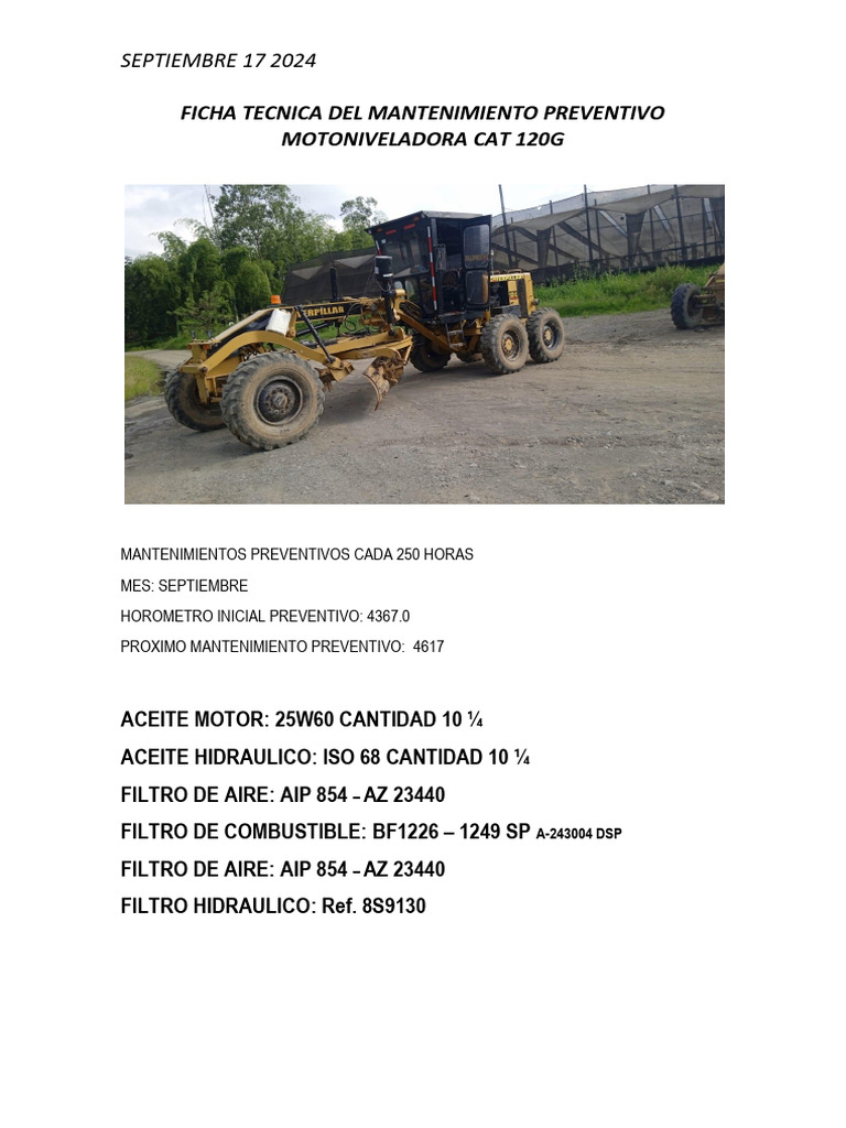 FICHA TECNICA DE MANTENIMIENTOS MOTONIVELADORA CAT 120G | PDF