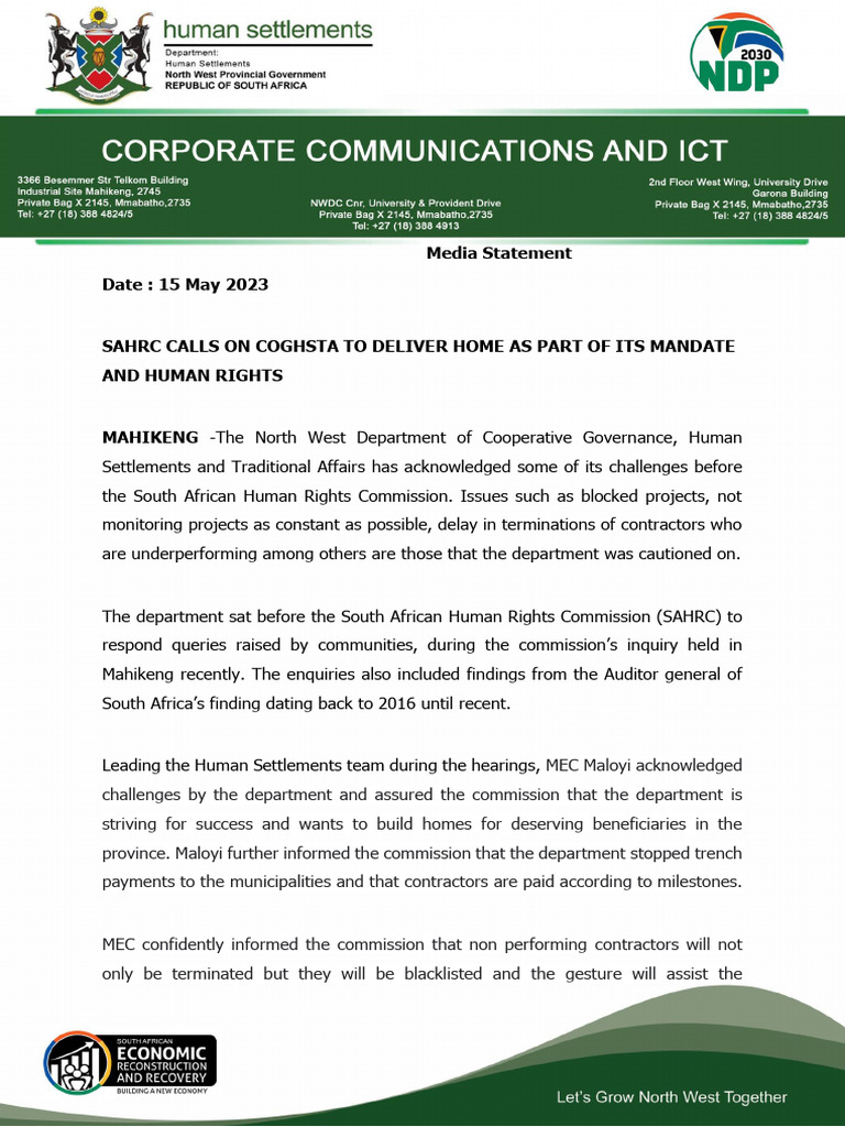 Media Statement- SAHRC CALLS ON COGHSTA TO DELIVER HOME AS PART OF ITS ...