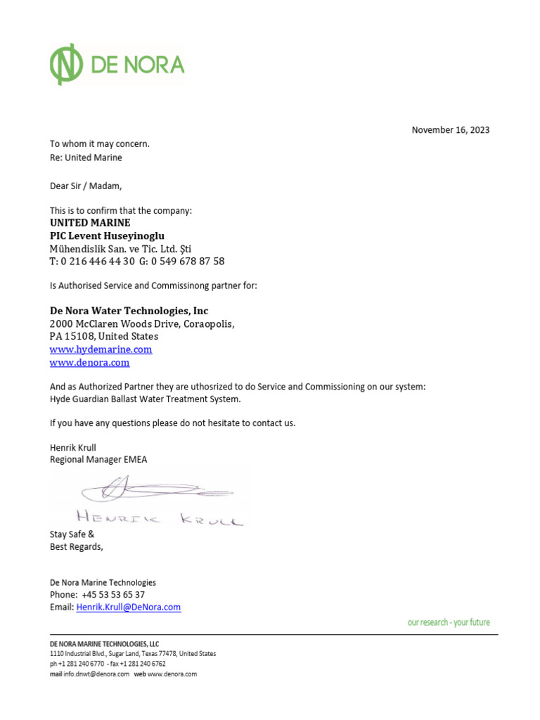 Representative Letter United Marine Nov 2023 | PDF | Business