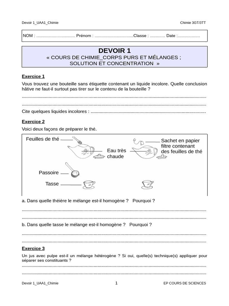 Devoir 1 - Chimie UAA1 - Corps Purs Et Mélanges-Solution Et Concentration - 3GT-3TT-EP Cours de ...