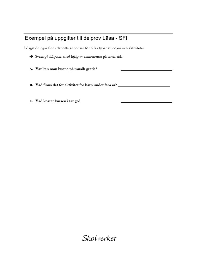 Exempel Uppgifter Delprov Lasa Sfi 2 | PDF