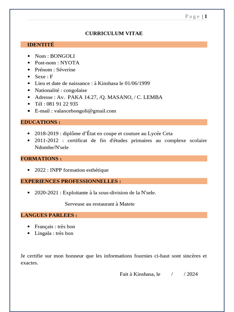 CV de Séverine Bongoli - Kinshasa | PDF | Sciences sociales