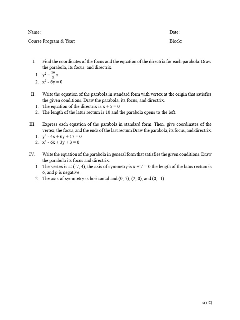 PARABOLA Practice Exercises - 디 | PDF