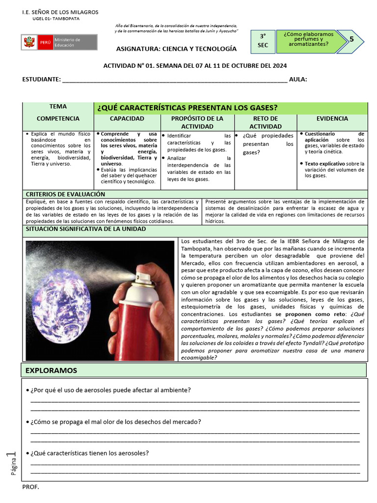 3°sec - UNIDAD 5 - ACTIVIDAD 1 (CyT Explica 2024) - Qué Características Presentan Los Gases | PDF