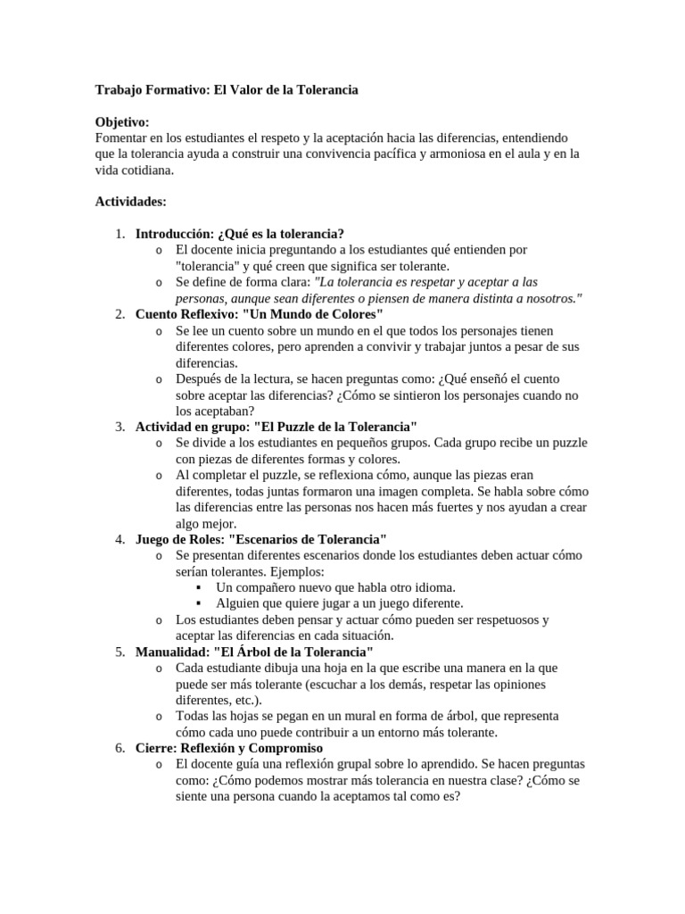 Trabajo Formativo El Valor de La Tolerancia | PDF